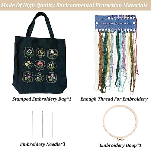 WADORN DIY Canvas Tote Bag Embroidery Kit, Flower Pattern Canvas Bag Materials Making Set DIY Embroidery Bag Cross Stitch Kits Personalized Canvas Bag Kits Include Hoops Needles for Adults, Black 1
