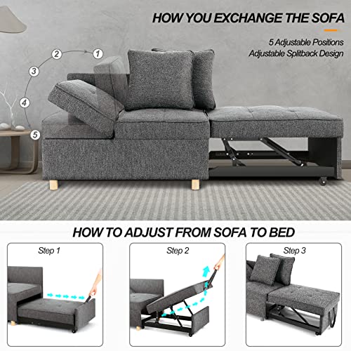 SEJOV Sofa Bed 4-in-1 Convertible Sofas & Couches, 3-Seat Linen Fabric loveseat Sofa with 2 Throw Pillow, Single Recliner for Small Space with 5 Adjustable Backrest, Dark Grey