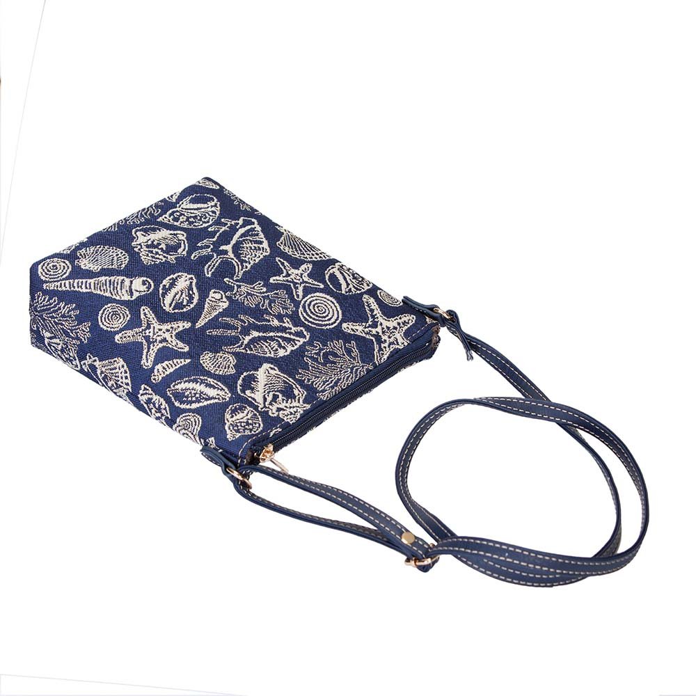 Signare Tapestry Small Crossbody Bag Sling Bag for Women with Navy Blue Sea Shell Design (SLING-SHELL)