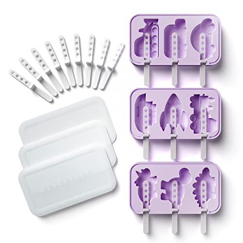 Homemade Popsicle Molds Shapes, Silicone Popsicles Molds 3 Pcs, Ice Cream Molds for Adults Kids Food Grade Ice Molds with Reusable Plastic Sticks, Dinosaur Rocket Car Shape Popsicle Maker (Purple)