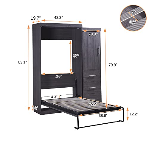 Twin Size Murphy Bed with Storage Drawer and Wardrobe, Twin Storage Bed, can be Folded into a Cabinet, Metal Twin Platform Bed Frame for Kids Teens Adults, No Box Spring Needed (Gray)
