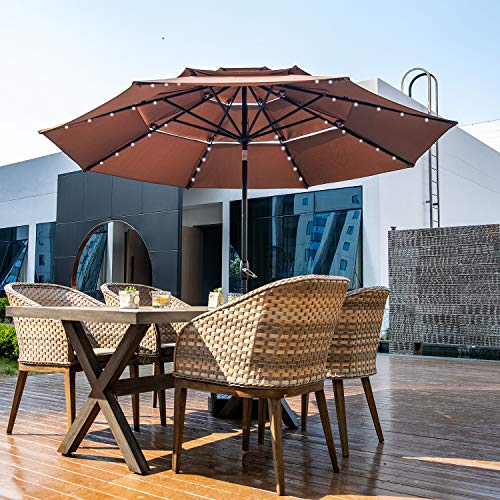 Klismos 10FT 3 Tiers Patio Umbrella with Lights Windproof Outdoor Market Umbrella Large Waterproof Table Umbrella with Tilt and Crank(Coffee)