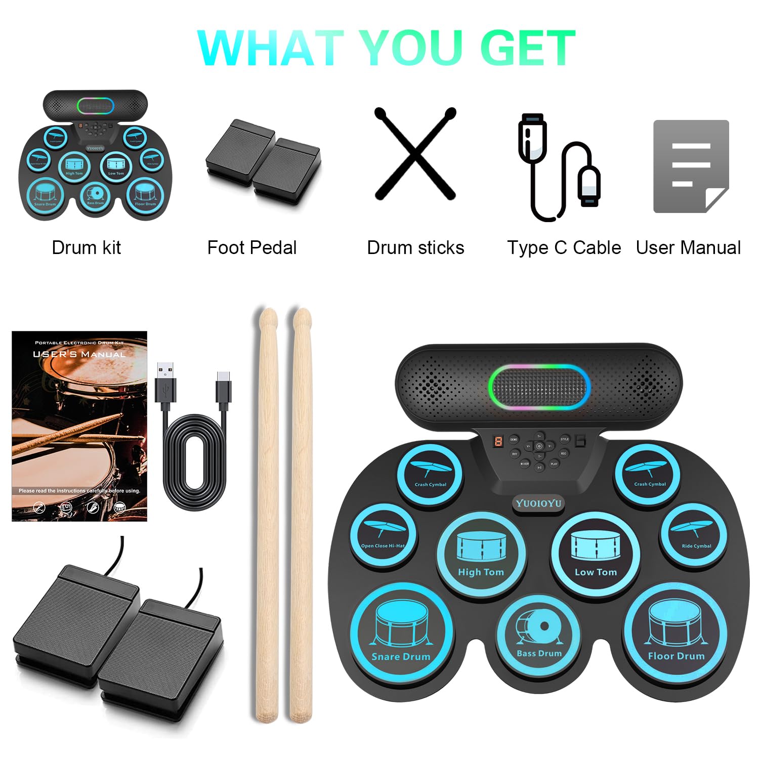 Electronic Drum Set - YUOIOYU Electric Drum Set Roll Up Potable Drum Kit MIDI Practice Drum Pad with Dual Built-in Speaker, Drum Sticks and Pedals,Christmas Birthday Gift for Kids Adult