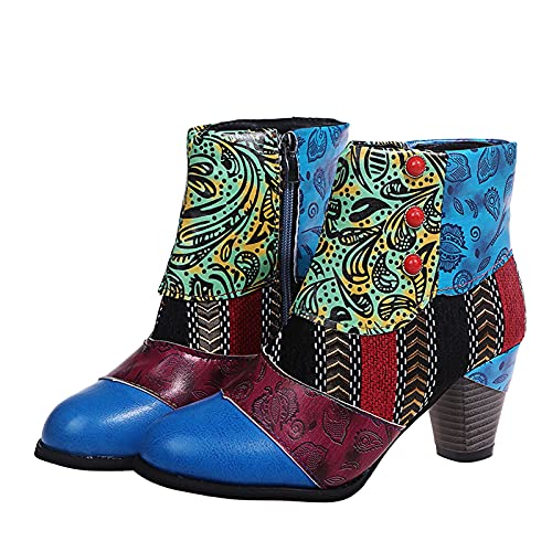 FASDNENDYS Fashion Women's Shoes Breathable Chunky High Heels Retro Zipper Short Boots Southwestern Boots Blue