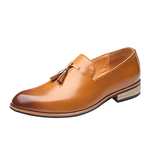 FASDNENDYS Fashion Style Men's Breathable Tassel Comfortable Business Slip On Work Leisure Leather Dance Shoes for Men Yellow