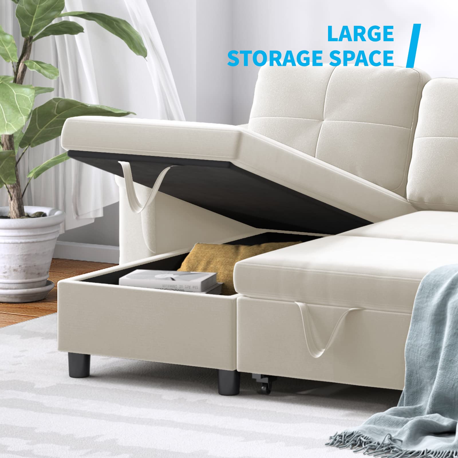 Mjkone 3 Seat L-Shape Sectional Sofa Couch with Pull Out Bed and Reversible Storage Chaise, Modern 84 Inch Sleeper Sofa with Breathable Velvet Fabric for Living Room, Beige
