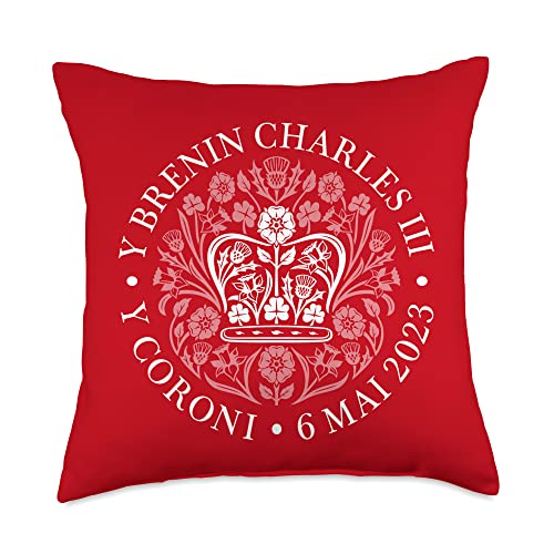 Kings Coronation 2023 Merchandise Brenin Y Coroni British King III Charles Memorabilia Wales Welsh Emblem Mens Throw Pillow, 18x18, Multicolor