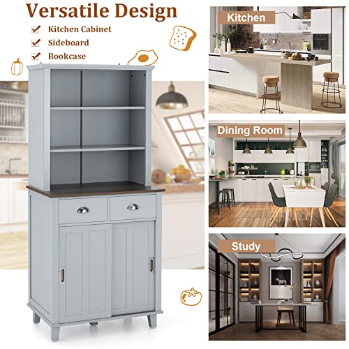 LOKO 67β Kitchen Pantry Storage Cabinet, Freestanding Buffet Sideboard with 3 Open Shelves, Microwave Countertop, 2 Pull-Out Drawers & Sliding Door Cabinet, Kitchen Hutch for Dining Room (Grey)