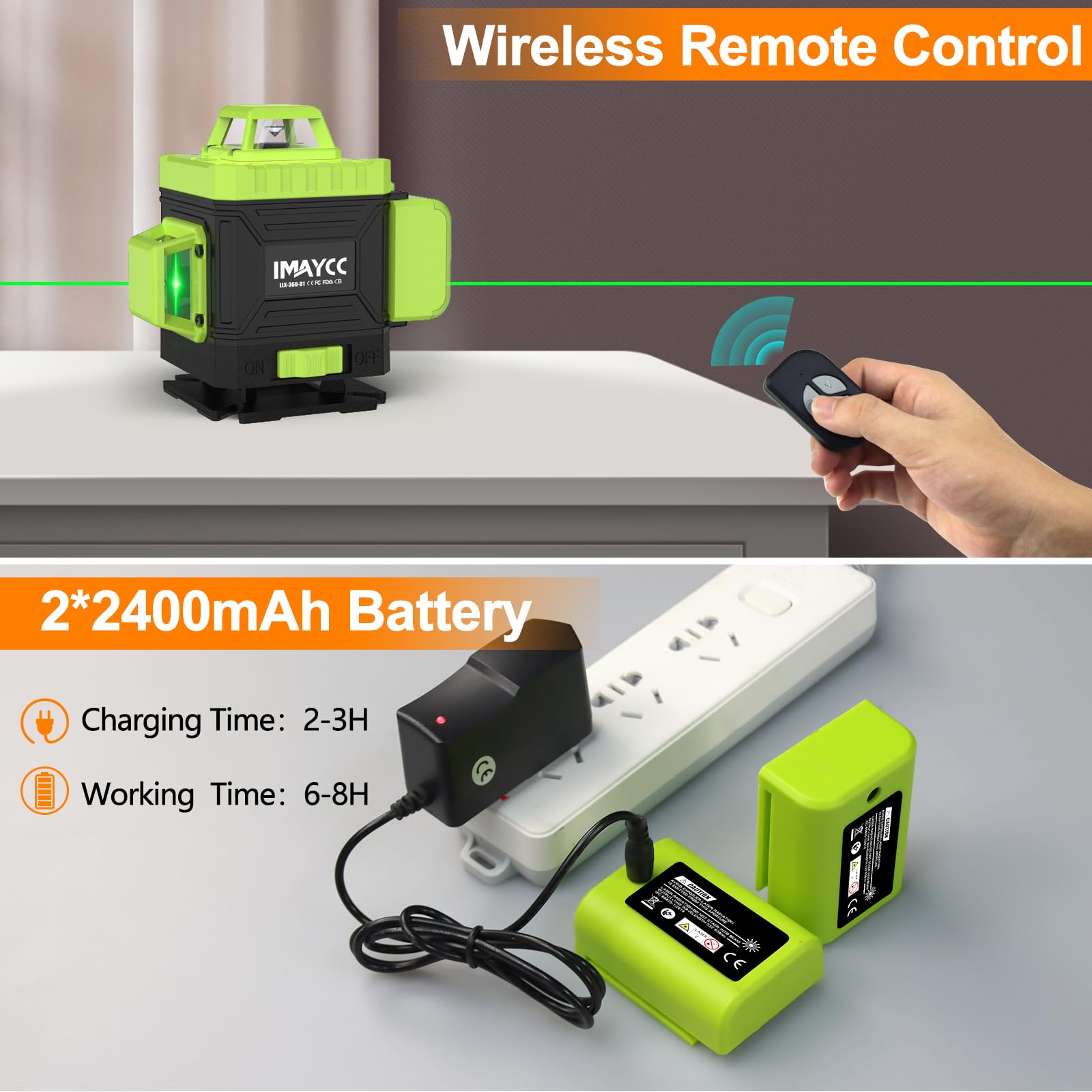 IMAYCC Laser Level, 4x360° Self Leveling Laser Level, 4D Cross Line Laser with Remote Control, Anti-fall Box, Multiple Stands, Rechargeable Batteries for Construction and Decoration