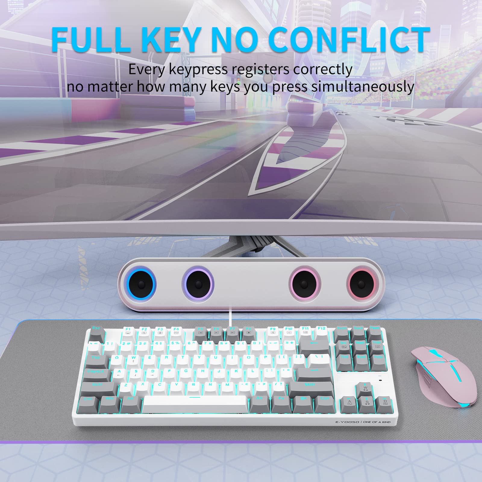 HUO JI E-YOOSO Z-87 Mechanical Gaming Keyboard 87 Key LED Backlit Wired with Anti-Dust Proof Switches Tenkeyness for Windows PC (Red Switches,White and Grey)