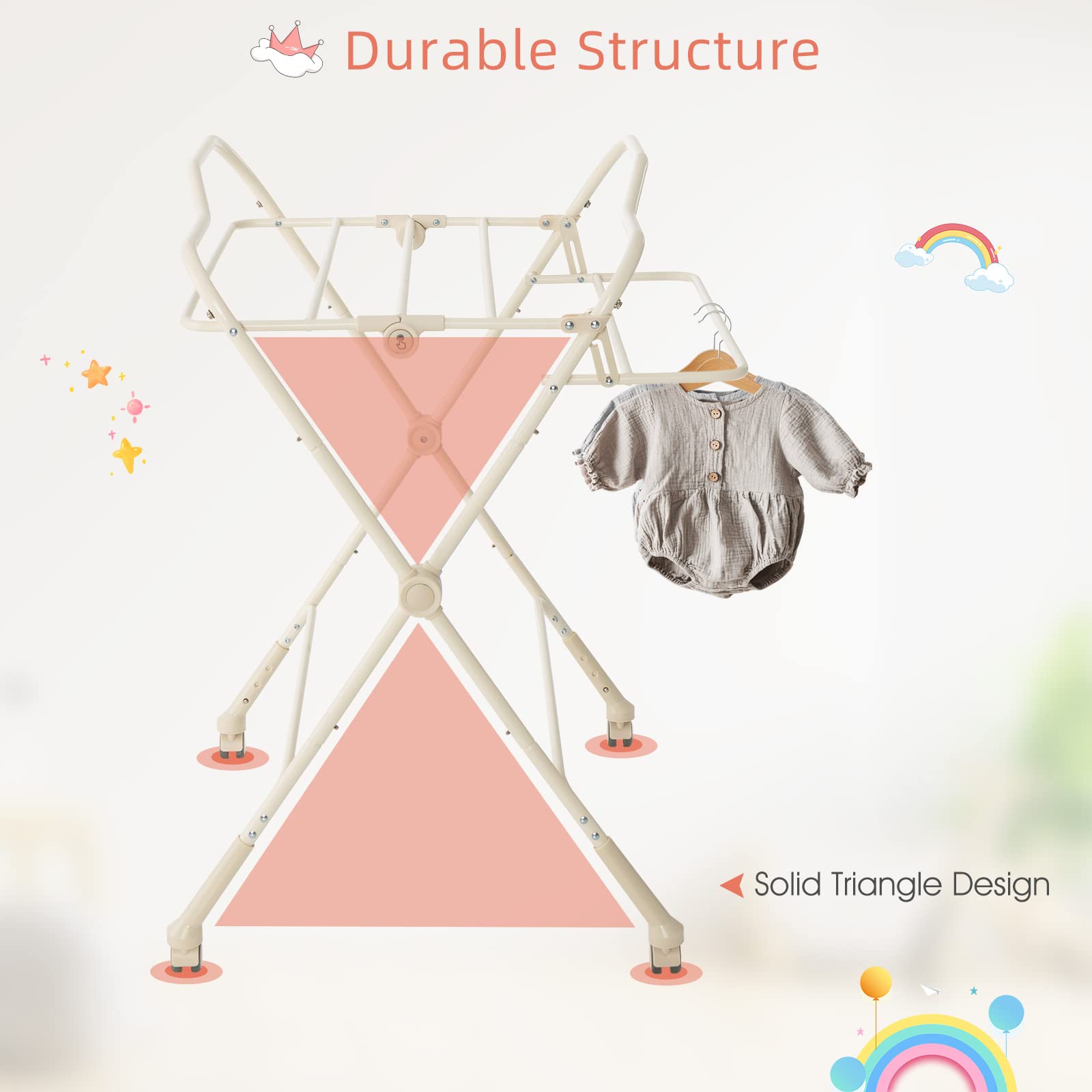 INFANS Portable Baby Changing Table, Folding Diaper Dresser Station with Wheels, Adjustable Height, Safety Belt, Drying and Storage Rack, Mobile Nursery Organizer Stand for Newborn Infant (Pink)
