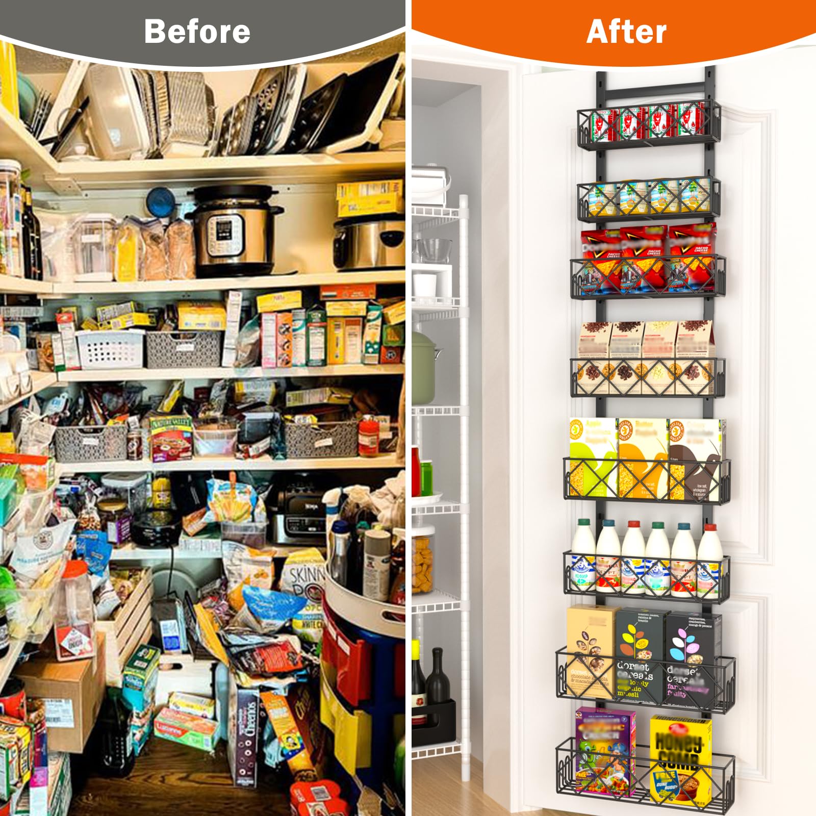 Over the Door Pantry Organizer 8-Tier Adjustable Baskets Hanging Spice Door Rack Narrow - 13.78" W x 65.16" H Behind the Door Storage for Kitchen, Bathroom, and Closet Organization- Black