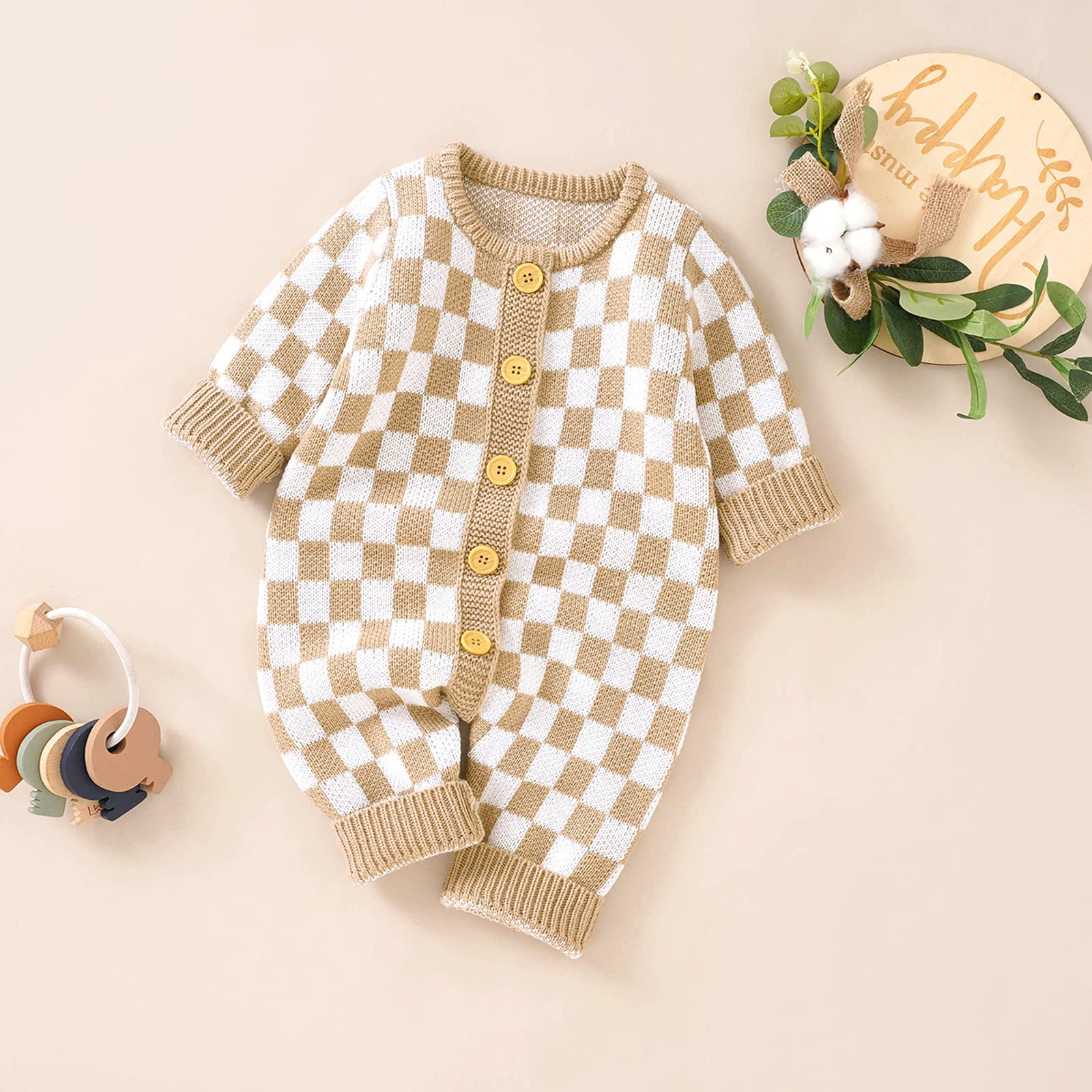 Infant Baby Girl Boy Knitted Sweater Romper Jumpsuit Checkerboard Plaid Print Long Sleeve Button Down Bodysuit Clothes (Camel, 3-6 Months)