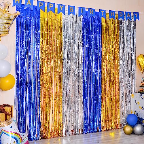 LOLStar 2 Pack Navy Blue Gold and Silver Party Decorations 3.3X6.6 ft Each Foil Fringe Tinsel Curtains Backdrop, Streamers - Perfect for Birthdays, Showers, Retirement, Graduations, Weddings
