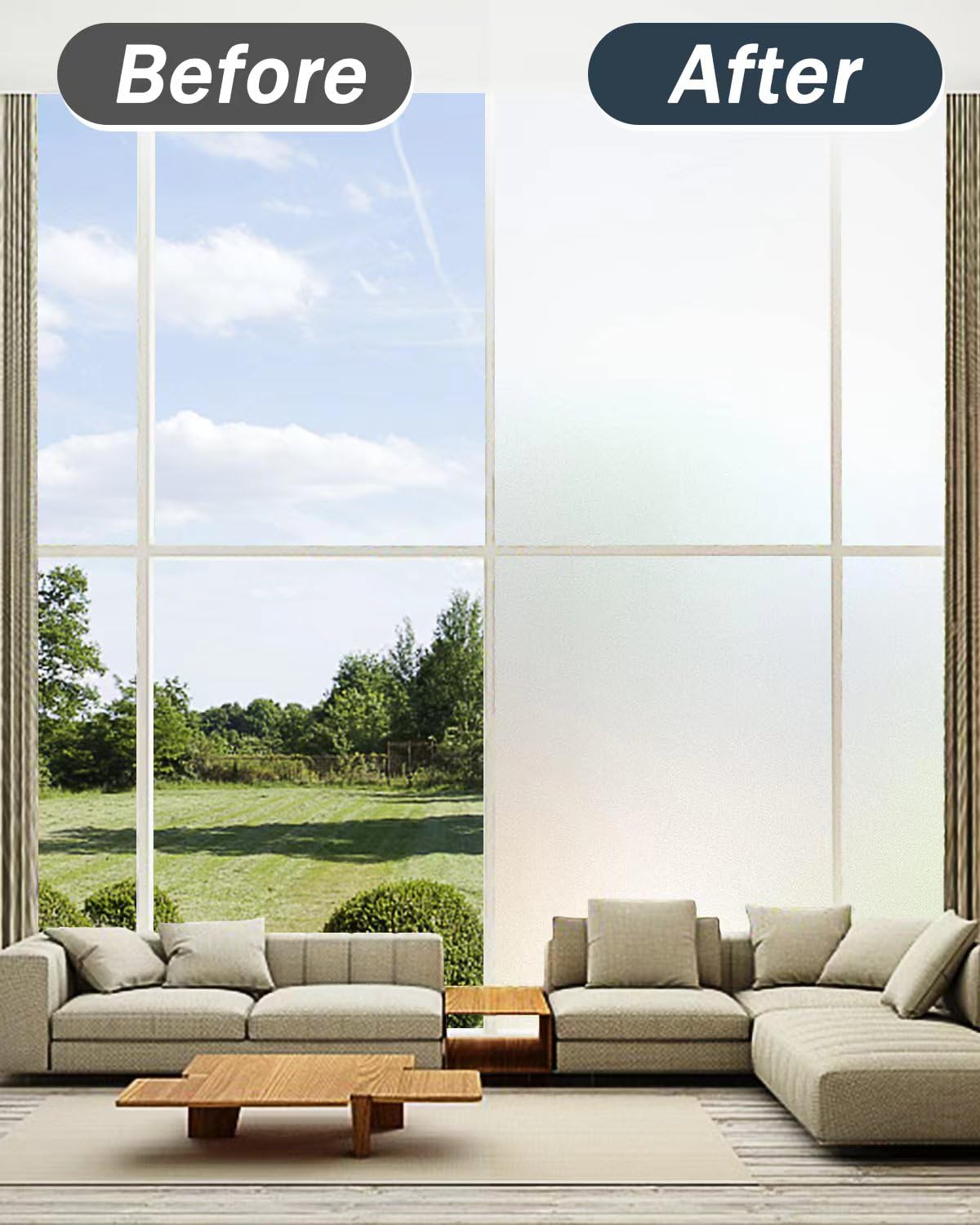 Frosted Glass Window Privacy Film, Removable, Static Cling, Heat/UV Protection, Anti-Glare, with Installation Tools (Pure, 39.5 x 17.5 Inch)