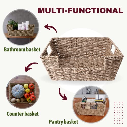 Seagrass Wicker Storage Baskets with Handles 13.8” x 11” x 5.5”, 2-Pack, Large Storage Baskets for Shelf Organizing, Rectangular Pantry Organizer Basket Bins, Chi An Home Woven Baskets for Storage…