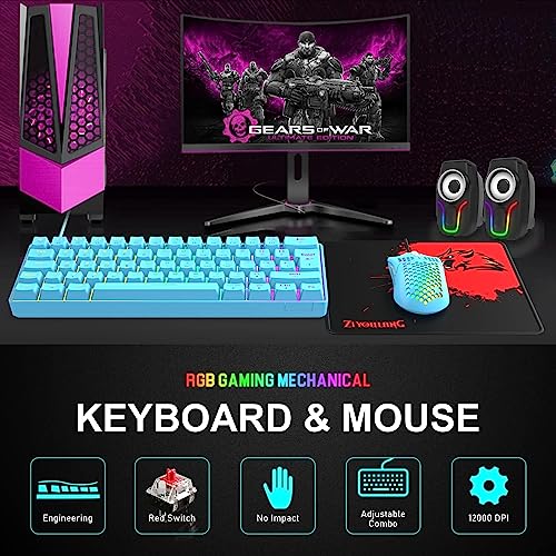 SELORSS ZIYOULANG T60 60% Compact Mechanical Gaming Keyboard RGB Chroma Type C Ergonomic Mini Keyboard UK Layout 12000DPI Gaming Mouse Honeycomb Shell for PC/PS4/PS5/Xbox(Blue Switch)