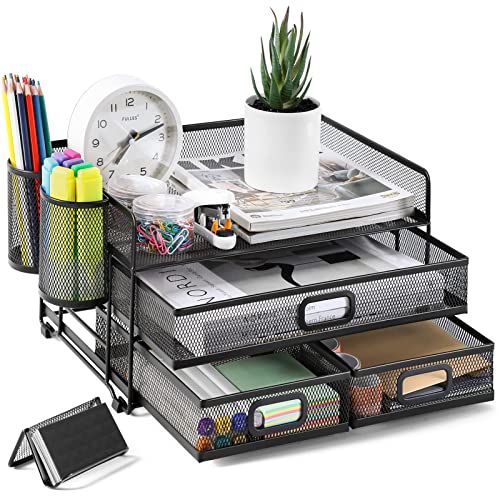 Desk Organizer with Drawers -3 Tier Desktop Organizer with Pen Holder and Drawer, Multi-Functional Desk Organizers and Accessories, Mesh Paper Organizer for Home Office Supplies(No Assembly)