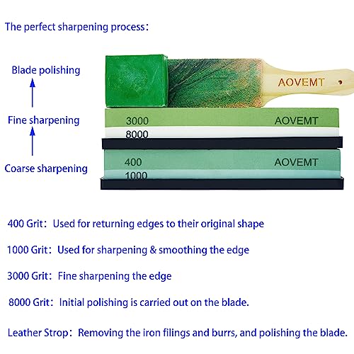 Knife Sharpening Stone Set, Aovemt Whetstone Coarse to Polished Finishes 4-Sided 400/1000 3000/8000 Grit wet stone, Axe Sharpening Stone, Leather Strop, Stropping Compound, Flattening Stone, ect.
