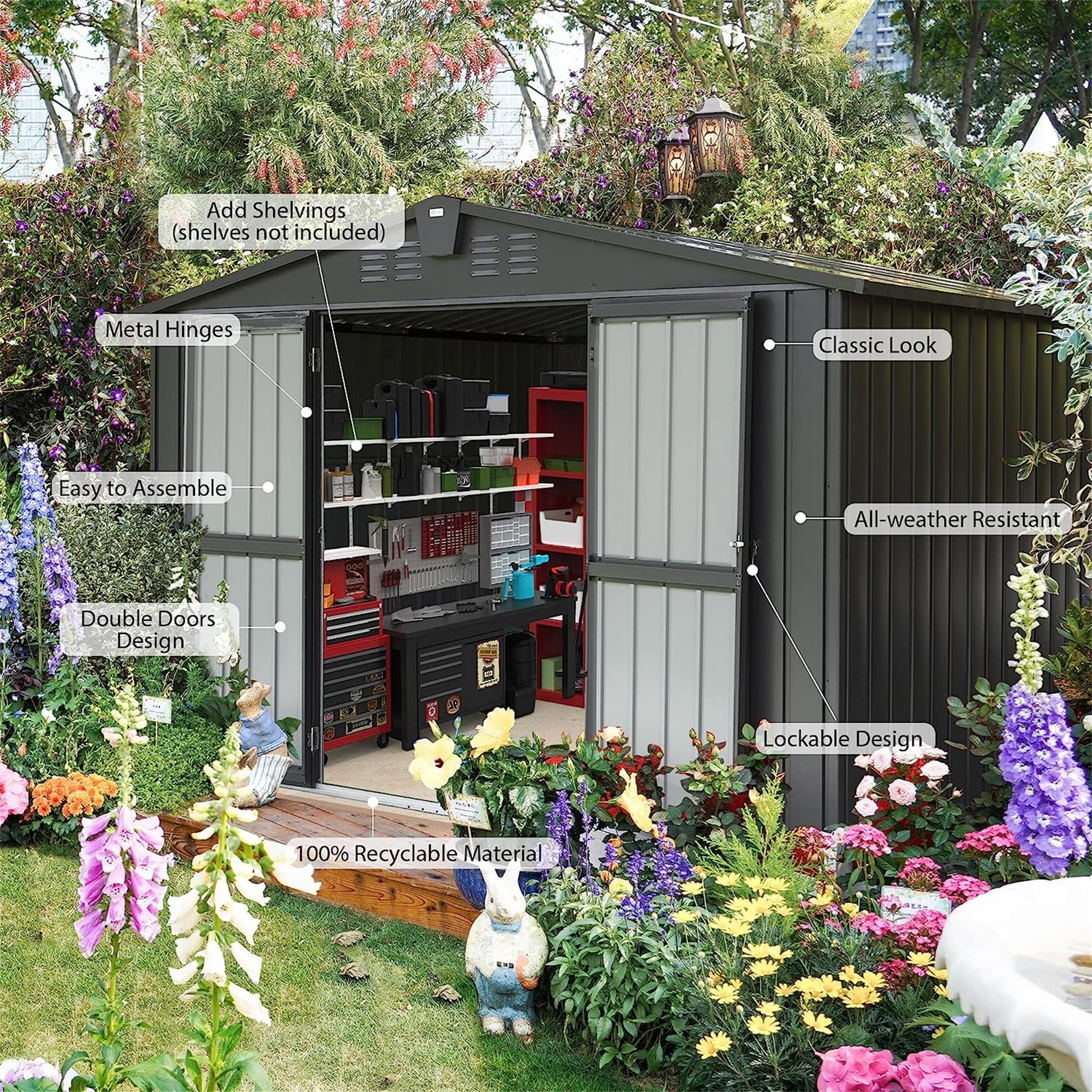 KooYaa 10x8FT Outdoor Storage Shed, with Sloping Roof Galvanized, Latches and Lockable Door, Steel Frame Garden Shed Metal Utility Tool Storage Room for Balcony