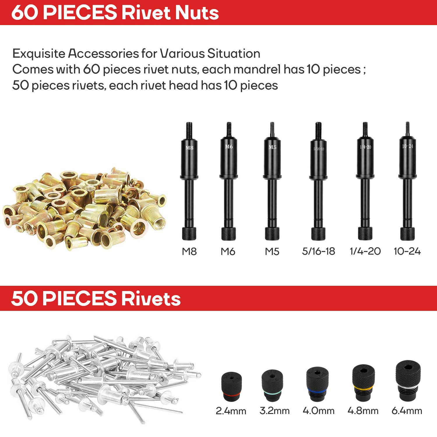 Eastvolt Rivet Nut Tool, 3 in 1 Hand Rivet, Rivet Gun Rivet Nut Tool Reamer 3 in 1 Set, Including 60Pcs Rivet Nuts, 6 Metric & SAE Mandrels and 2 Reaming Mandrels with Carrying Case (BT-501)