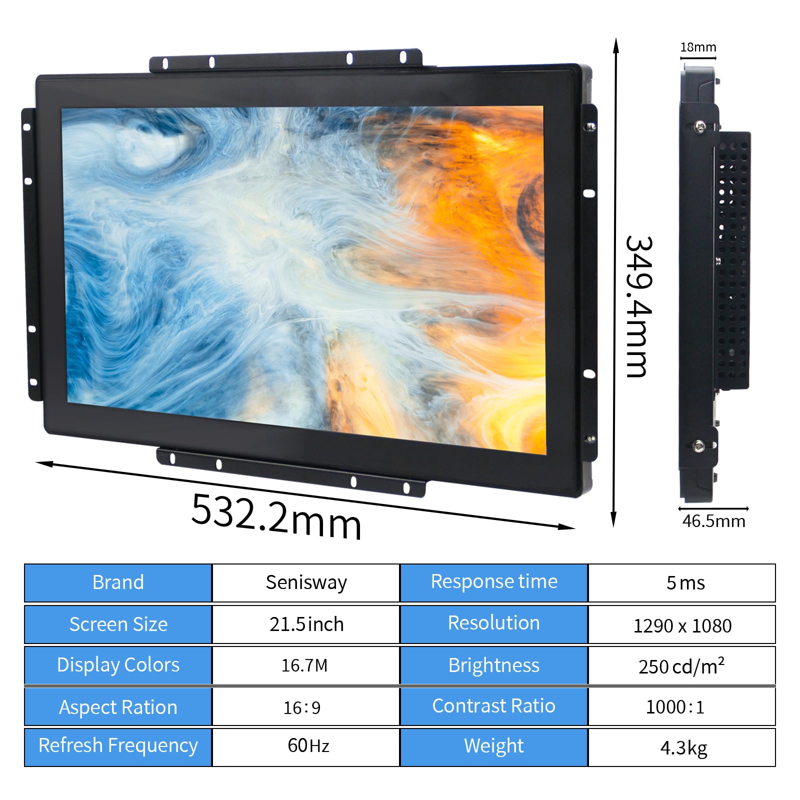Senisway 21.5 Inch 10 Points Industrial Capacitive Touch Monitor, IP65 Waterproof 1920x1080 @ 60Hz TFT LCD IK08 Open Frame Design Touch Screen Suitable for kiosks