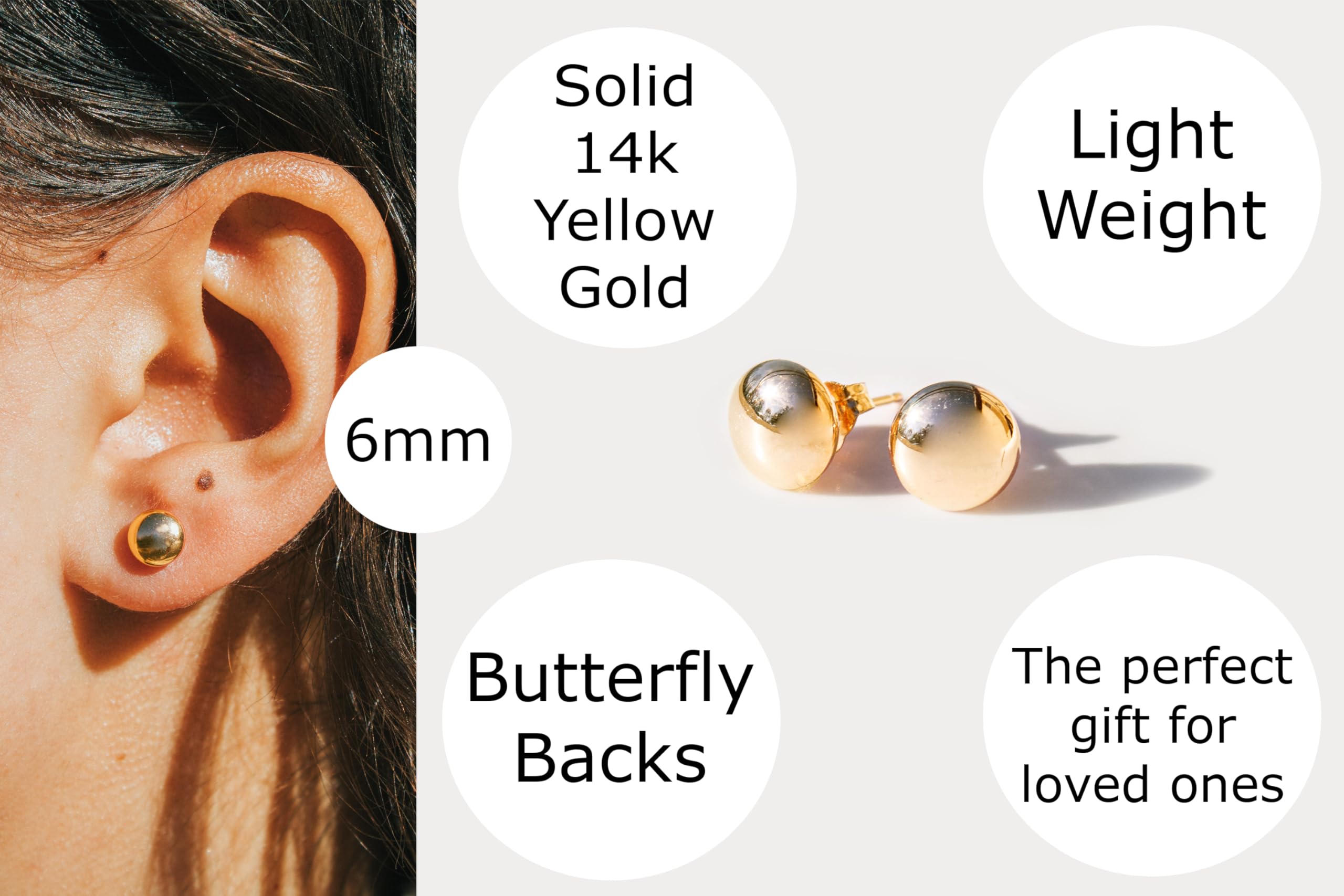 Silver Smile - 14K Solid Yellow Gold Ball Earrings for Women, Light Weight Studs, Attractive Butterfly Back Design, Ideal Gift for Loved Onces, Comes in 3mm/ 4mm/ 5mm/ 6mm/ 7mm/ 8mm