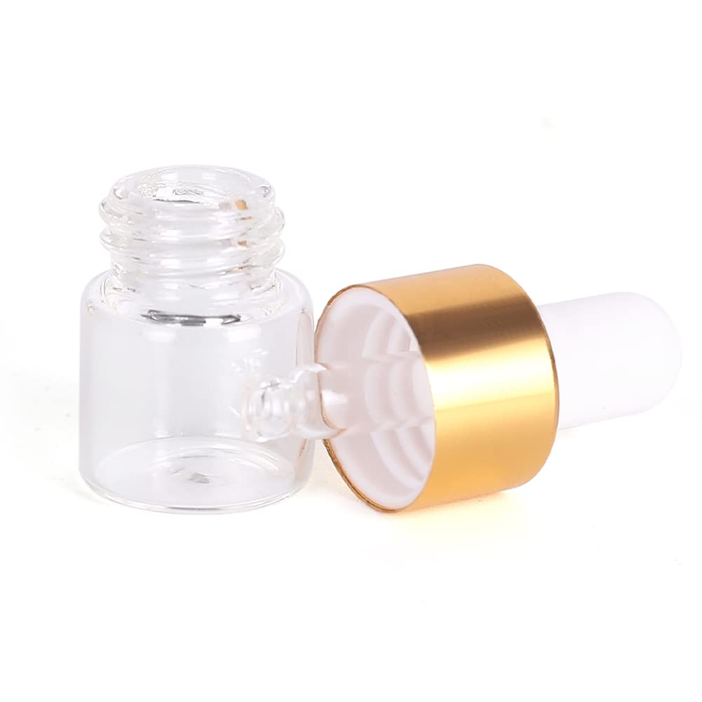 Hauioe 50 Clear glass Dropper Bottle 1/3/5ML Essential Oil dropper Bottle and Measuring Pipette Golden Bottle with Lid Empty tincture Bottle Perfume Cosmetic Travel Liquid Container