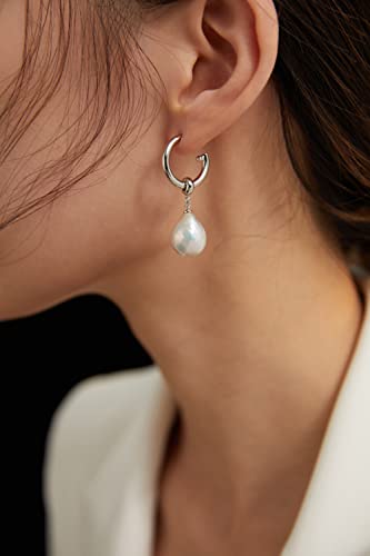 Elegant Pearl Hoop Dangle Earrings 925 Sterling Silver for Women Gold Plated Pearl Dangle Earrings Birthday Jewelry Gift (Silver)