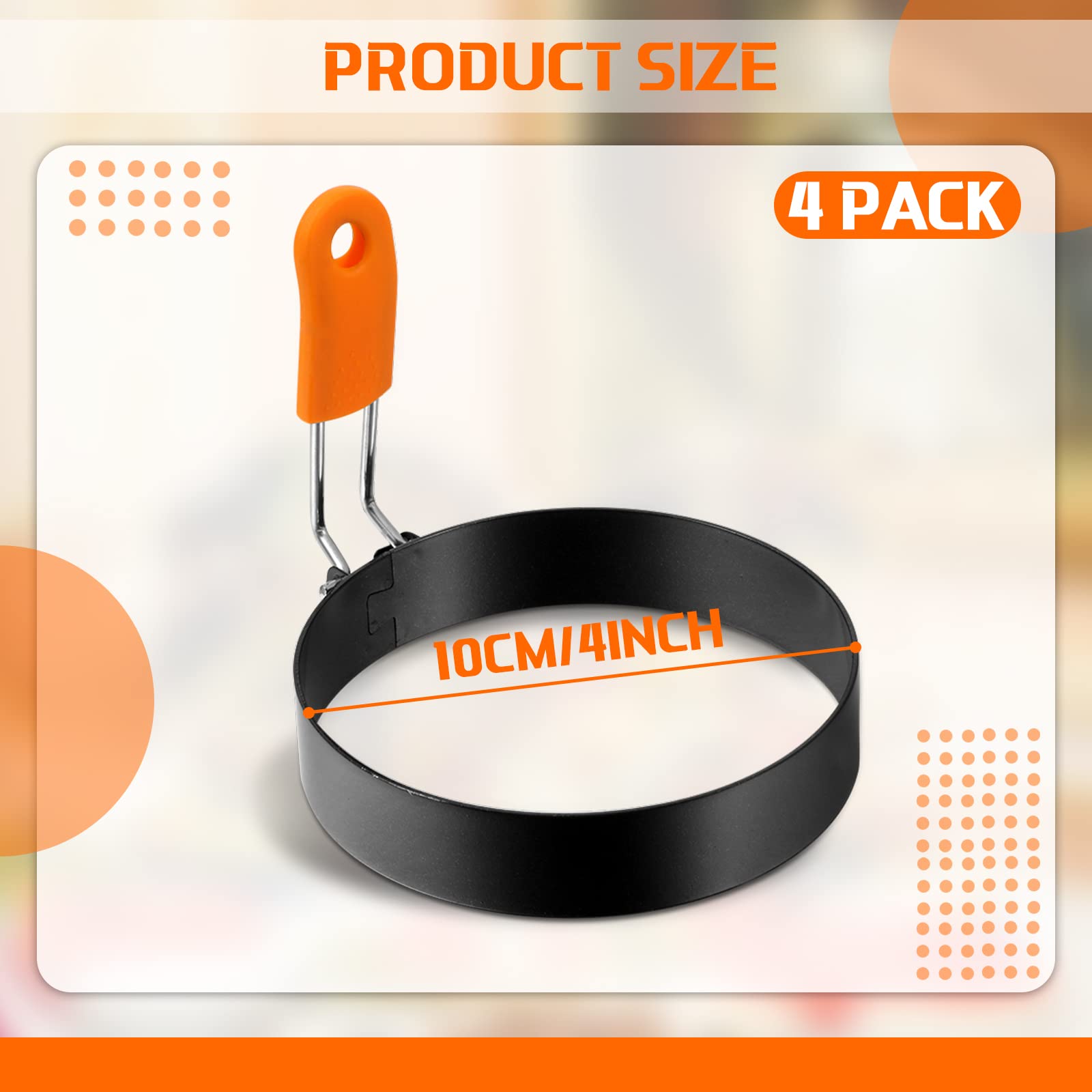 Patelai 4 Pcs Professional Egg Ring Pancake Ring Set Stainless Steel Fried Egg Ring Griddle Pancake Shapers with Orange Silicone Handle for Breakfast Omelette Sandwich (4 Pcs, 4 Inch)