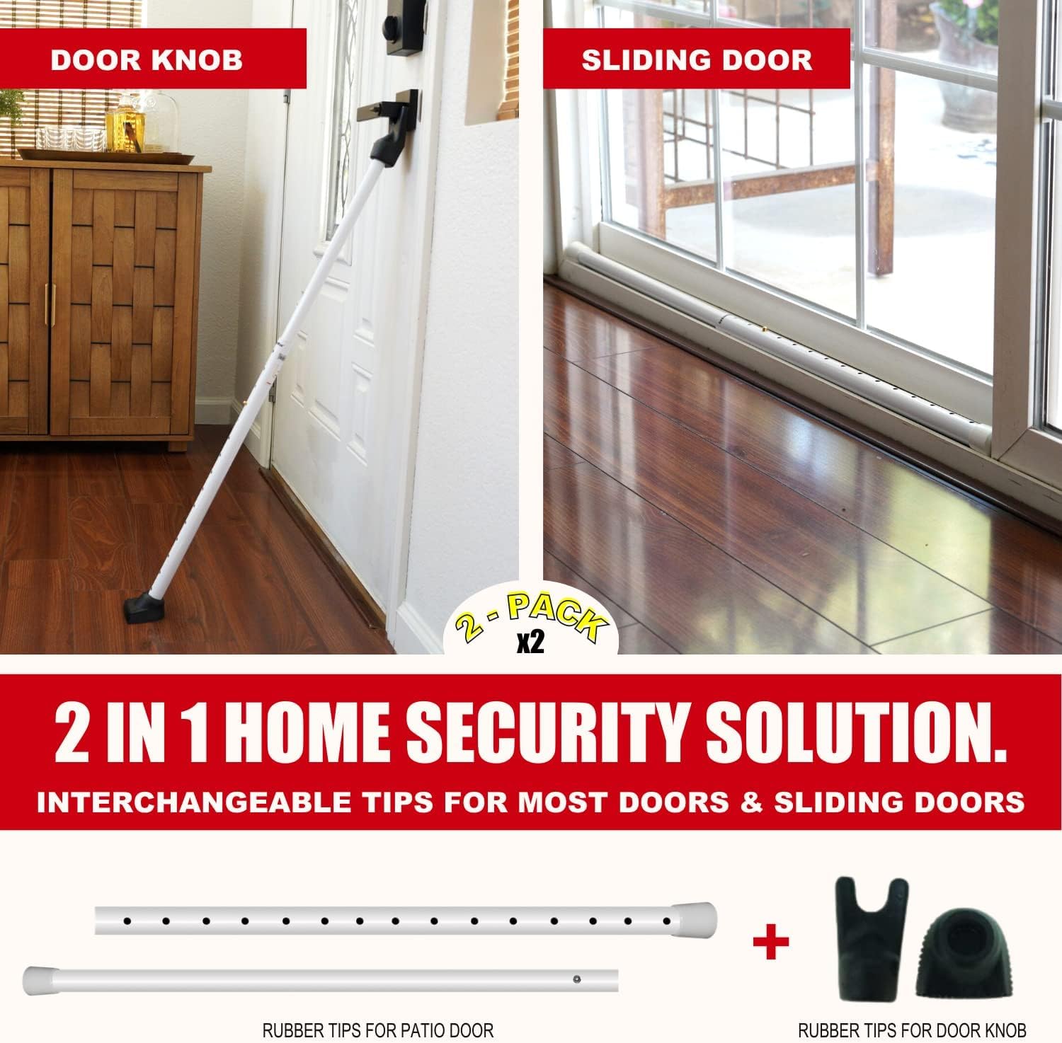 Door Security Bar, SecurityMan Heavy Duty 2-in-1 Door Stoppers Security Bar and Sliding Door Lock Bar (2 Pack) - Perfect Adjustable Door Jammer Door Stopper for Home, Hotel, and Apartment Security