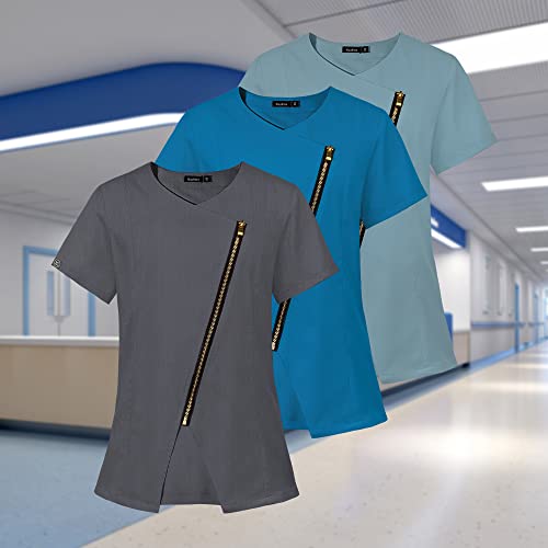 niaahinn Scrubs Top V-Neck with Zipper for Women Originals Women's Mecical Uniform Top (Grey,L,Large)