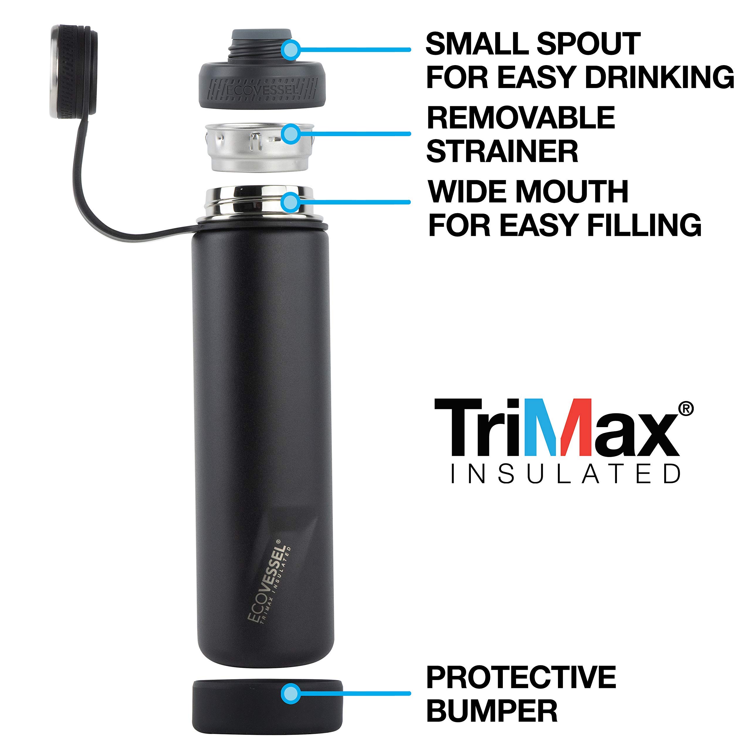 EcoVessel Boulder Vacuum Insulated Water Bottle with Fruit and Ice Strainer, 20oz Stainless-Steel Travel Thermos for Hot and Cold Drinks