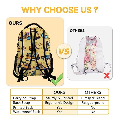 KNOWPHST Construction Backpacks for Boys, 16 Inch Cartoon Truck Backpack for School, Yellow, Large Capacity, Durable, Lightweight Bookbag for Kids Travel