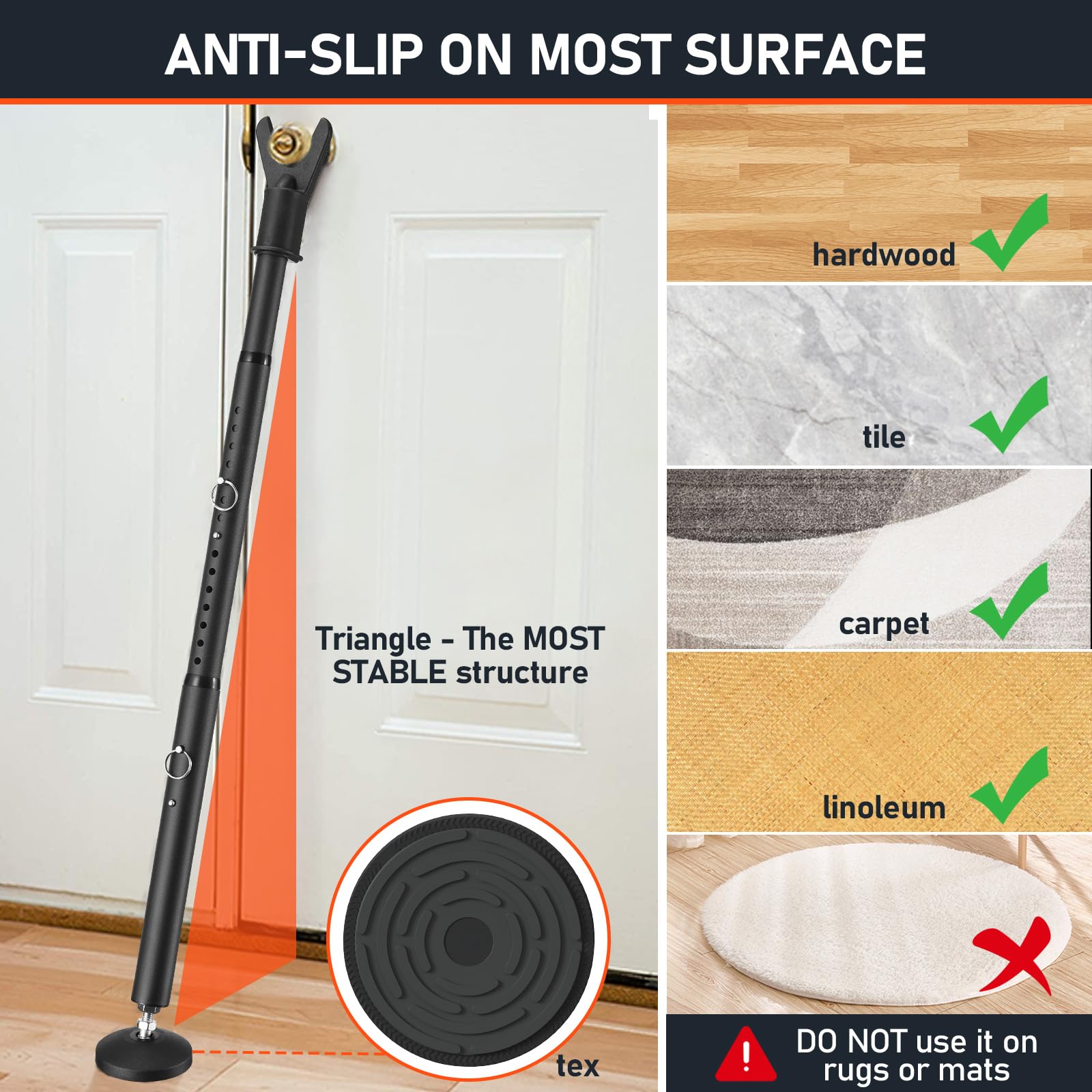 Door Security Bar, 1 1/8 inch Heavy Duty Security Bars, 35-41.7" Adjustbale Door Saftey Bar - Portbale Security Door Barricade Bar Inside (1 pc, Black) (Frosted Black)