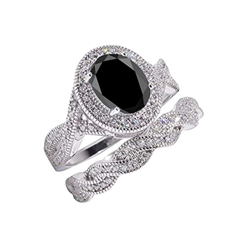 Elegant Touch Oval Cut Created Gemstone Halo Wedding & Engagement Ring Set Diamond Twisted Band Set 14K White Gold Plated (Created Black Diamond, 12)