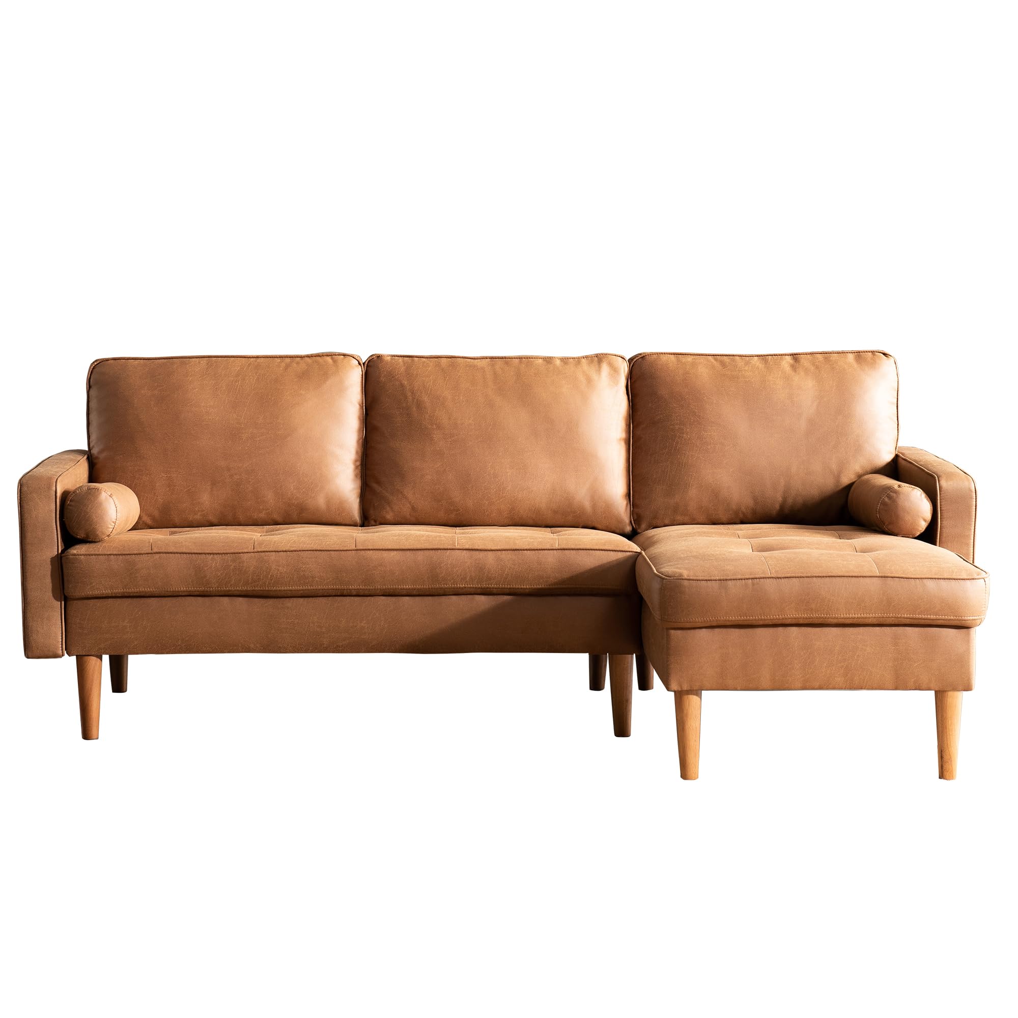 ovios 83" L-Shape Sofa Couch with Chaise, Suede Leather Couches with Comfy Cushions, Minimalism Deep Seat Cloud Sofas for Living Room Apartment, Right Chaise, Brown