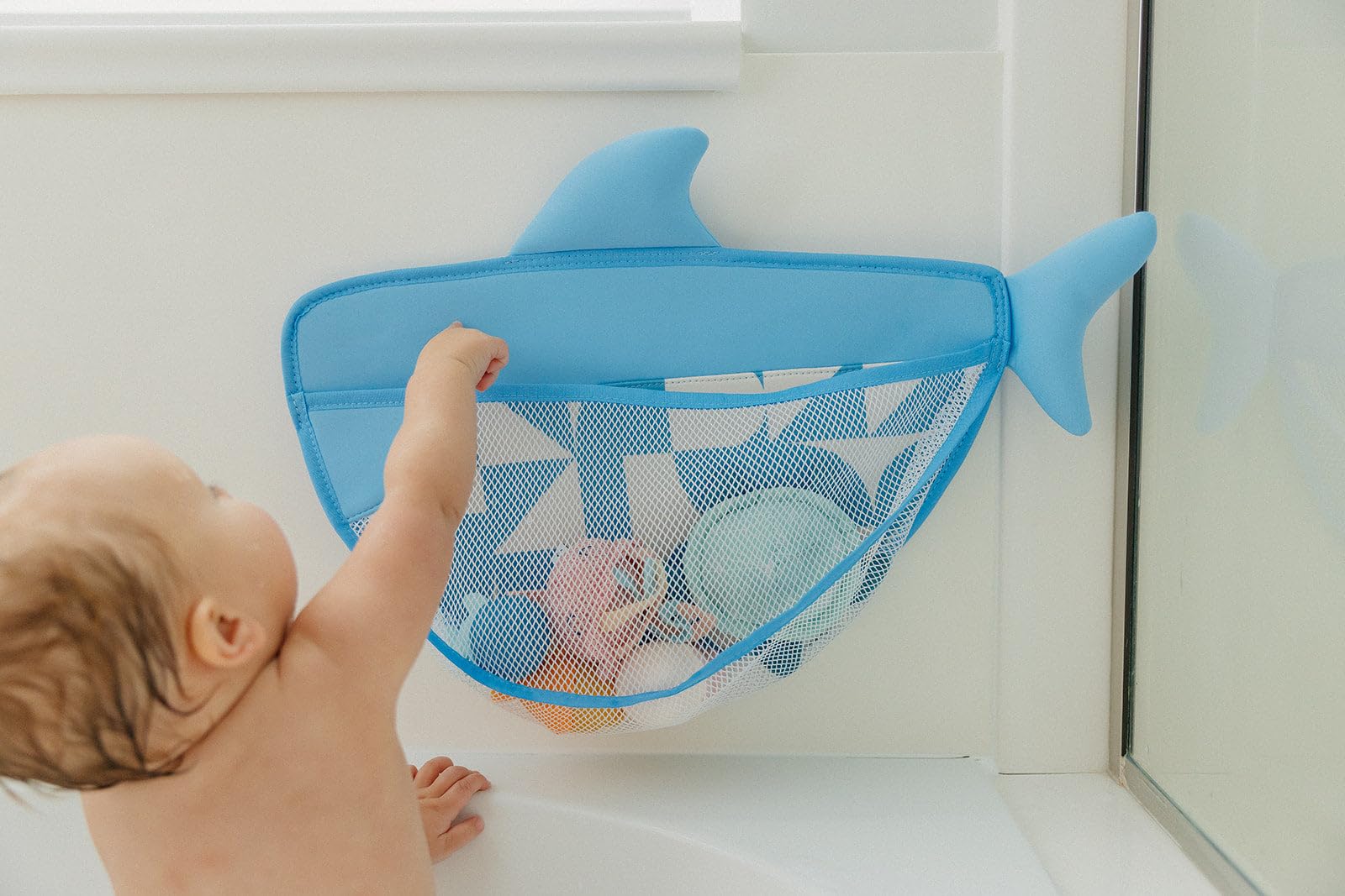 Oceana Bath Toy Organizer with Suction Cups by Copper Pearl: Extra-Large Mesh Bath Toy Holder for Bathtub, Quick-Dry Bath Toy Storage Net, Convenient Bath Toy Net for Tub - Finn