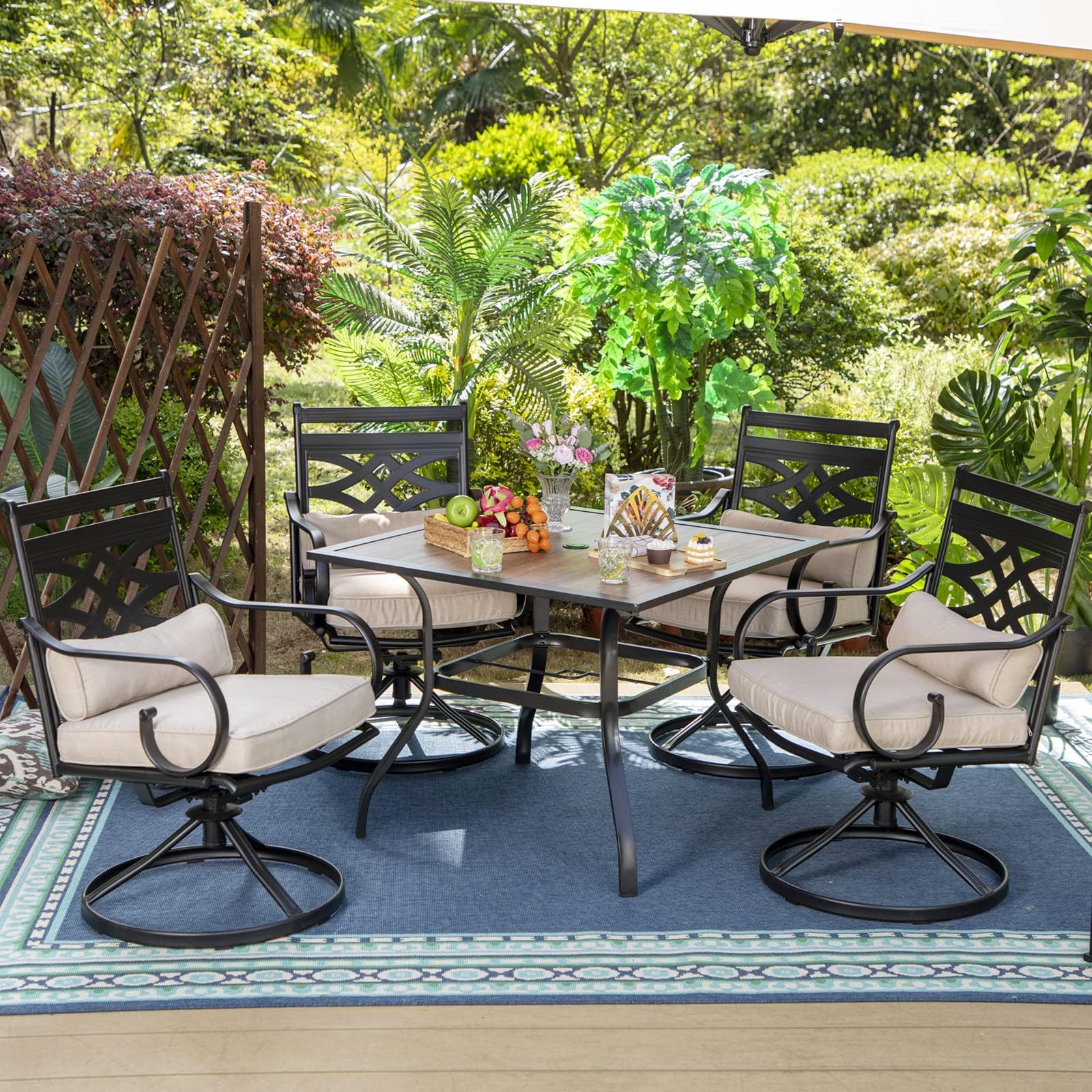 PHI VILLA 37" Patio Dining Table Square Backyard Bistro Table Outdoor Furniture Garden Table, Imitation of Wooden Surface Top, 1.57” Umbrella Hole(Dark-Brown)