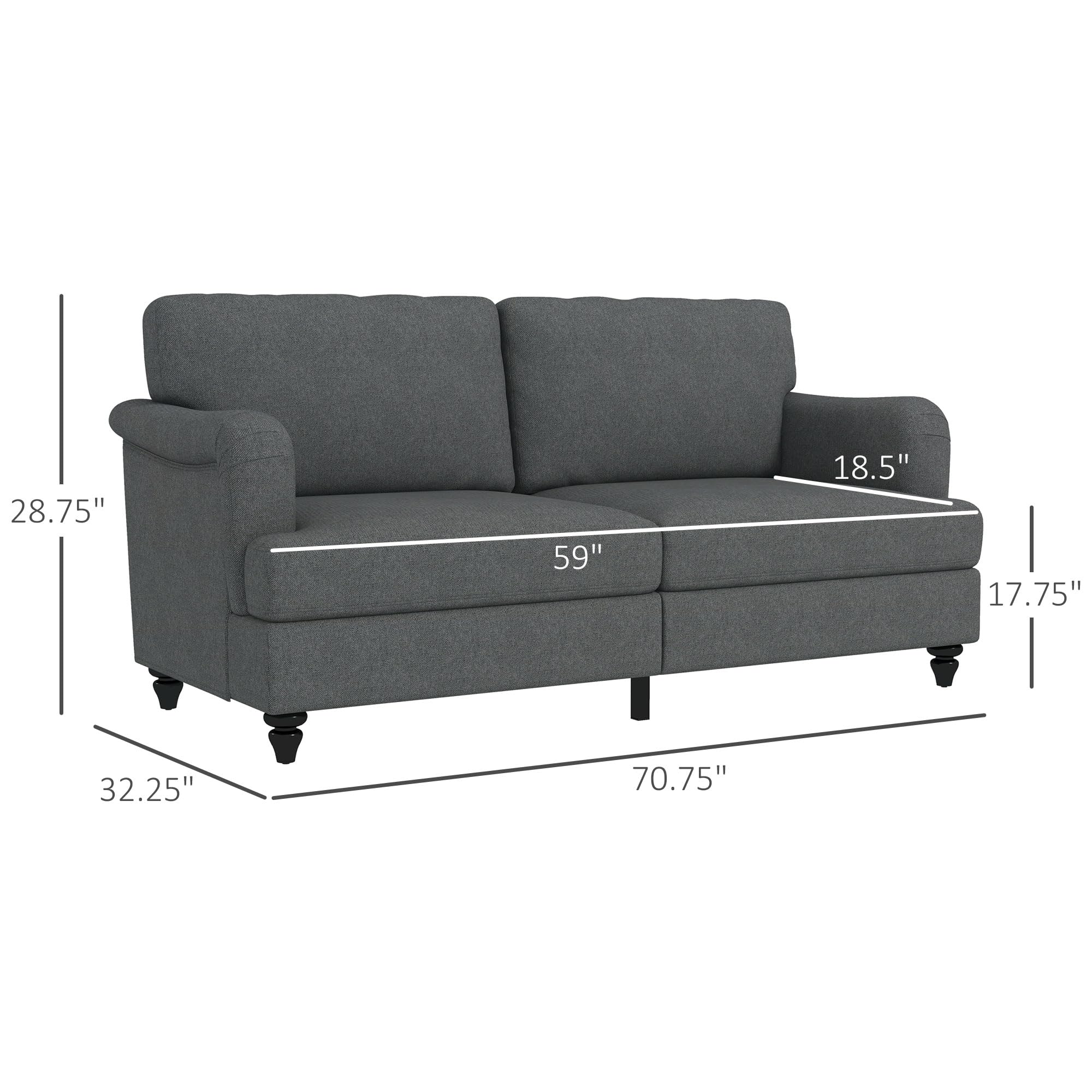 HOMCOM Modern 3-Seater Sofa for Bedroom, 71" Linen Fabric Couch with Slatted Frame and Rubber Wood Legs, Dark Gray