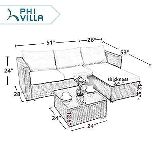 PHI VILLA Outdoor Patio Conversation Set Rattan Sectional Sofa- Small Wicker Patio Furniture Bistro Set 3-Piece, Blue