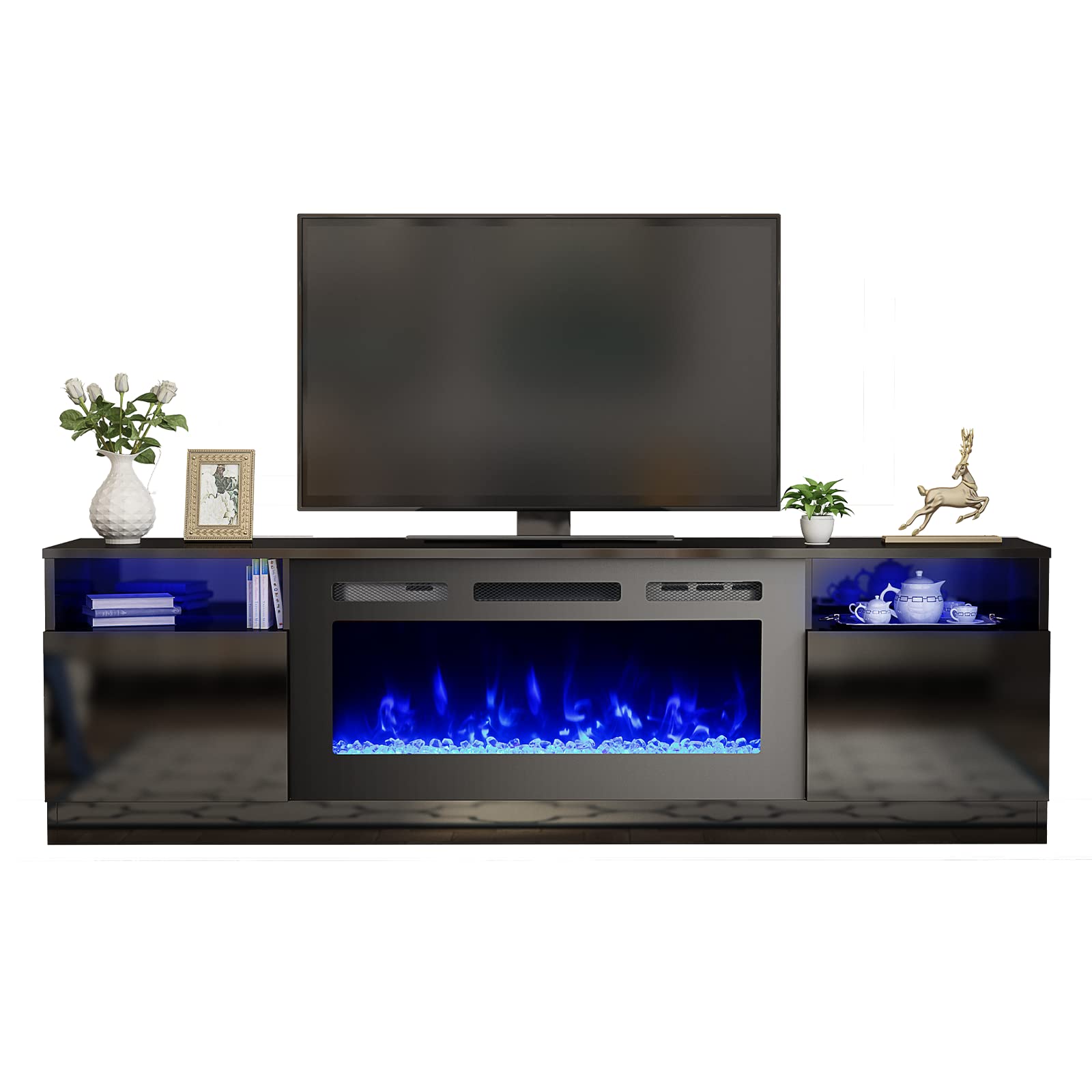EROMMY 70'' Fireplace TV Stand with 36'' Electric Fireplace, Entertainment Center with 16 Color Led Lights and 12 Flame Fireplace Insert Heater, TV Console for TVs up to 80'' for Living Room, Black