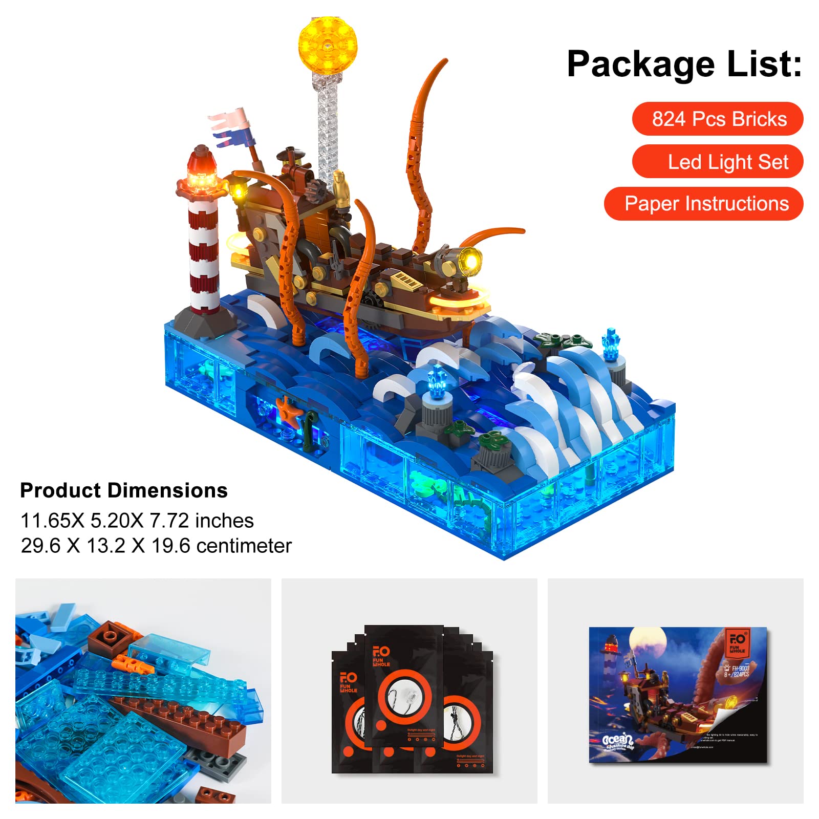 FUNWHOLE Building Set with LED Lights - Ocean Adventure Ship Construction Building Blocks Model Set 824 PCS for Teen and Adults with LED Lighting Kit