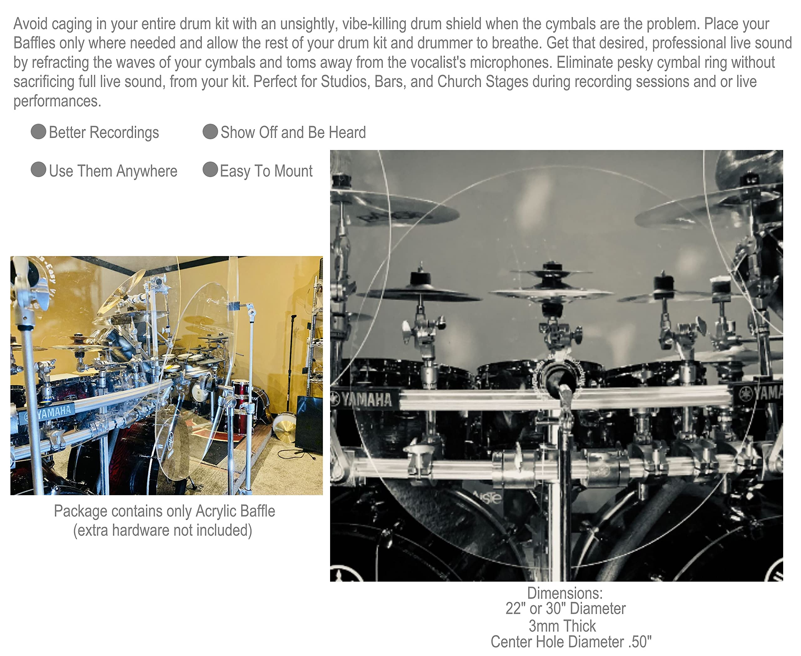 DistinctAndUnique 22 inch - 4 Pack Crystal Clear Acrylic Drum KIT Baffle - Muffles Live Recording Standard Mounting On All Cymbal Stand Performance Shields Sound Barrier