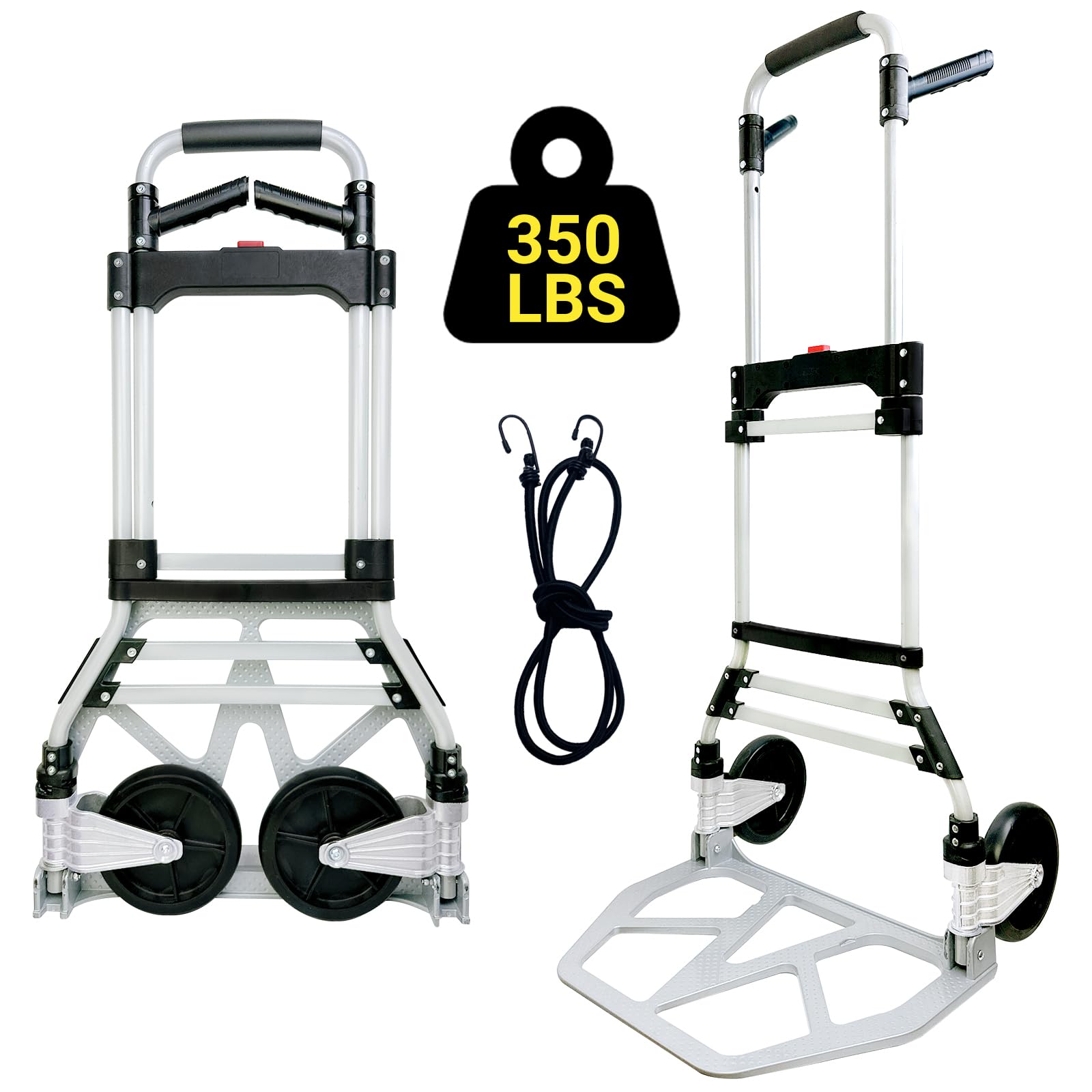 FUVLFAL 350LBS Folding Hand Truck Dolly Cart, Aluminum Portable Cart Heavy Duty Utility Dolly Trolley with Swivel Handle, Telescoping Handle, Elastic Cord, 7-inch Big Wheels for Home, Shopping, Office