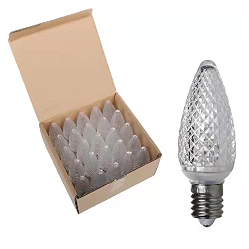 Set of 25 C9 White Faceted Cover Led Replacement Light Bulbs, Dimmable High Brightness E17 Christmas Decorative String Lights for Outdoor Holiday Decoration (White)