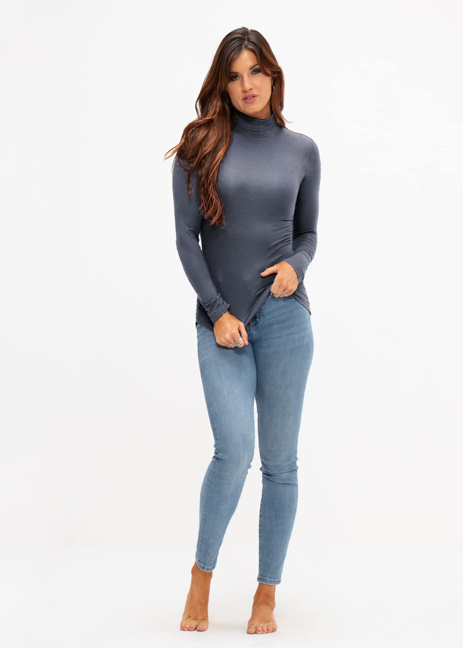 DEVOPS Womens 2-Pack Long Sleeve Mock Turtleneck Stretch Fitted Shirts (Dk.Grey/Mustard Yellow, X-Large)