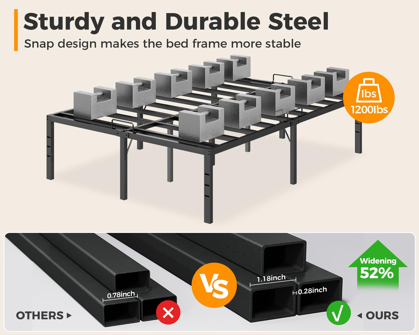KKL Queen Bed Frame, 18 Inch Heavy Duty Steel Platform with Mattress Anti-Slip Rods, Bed Frame with Underneath Storage Space, No Box Spring Needed, Easy Assembly, Black