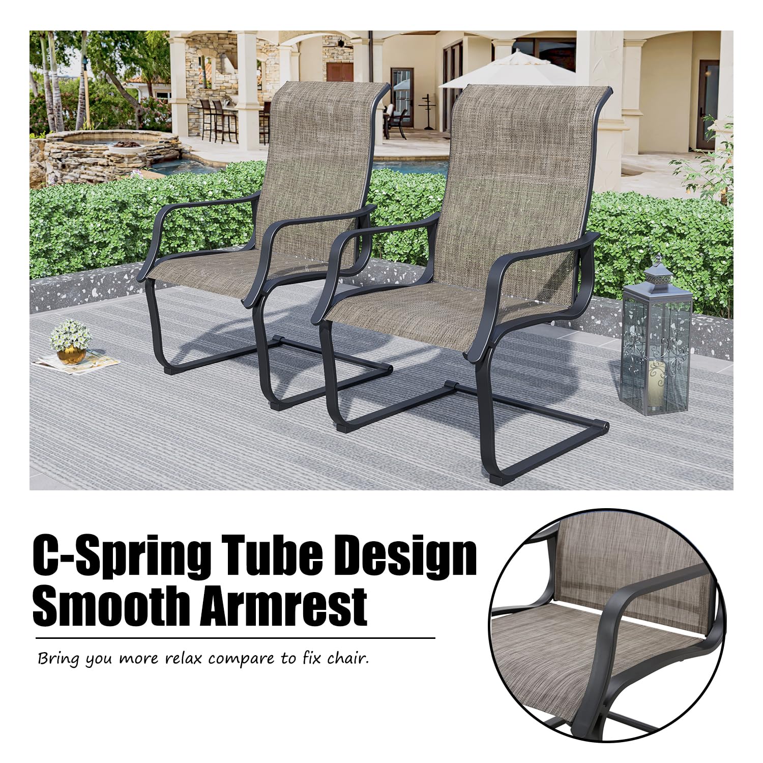 PatioFestival Patio Dining Chairs High Back Patio Chairs C-Spring Motion Chairs,Textilene Fabric & Black Metal Frame,2 Pieces Outdoor Furniture for Yard, Garden, Backyard, Deck, Bistro(Grey)