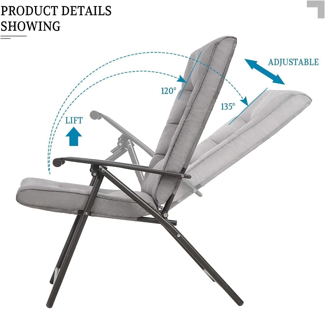 Patiomore 3 Pcs Patio Folding Bistro Set, Outdoor Metal Adjustable Recliner Furniture Set, 2 Foldable Padded Chairs and Coffee Bistro Table Set for Balcony, Backyard, Porch, Grey